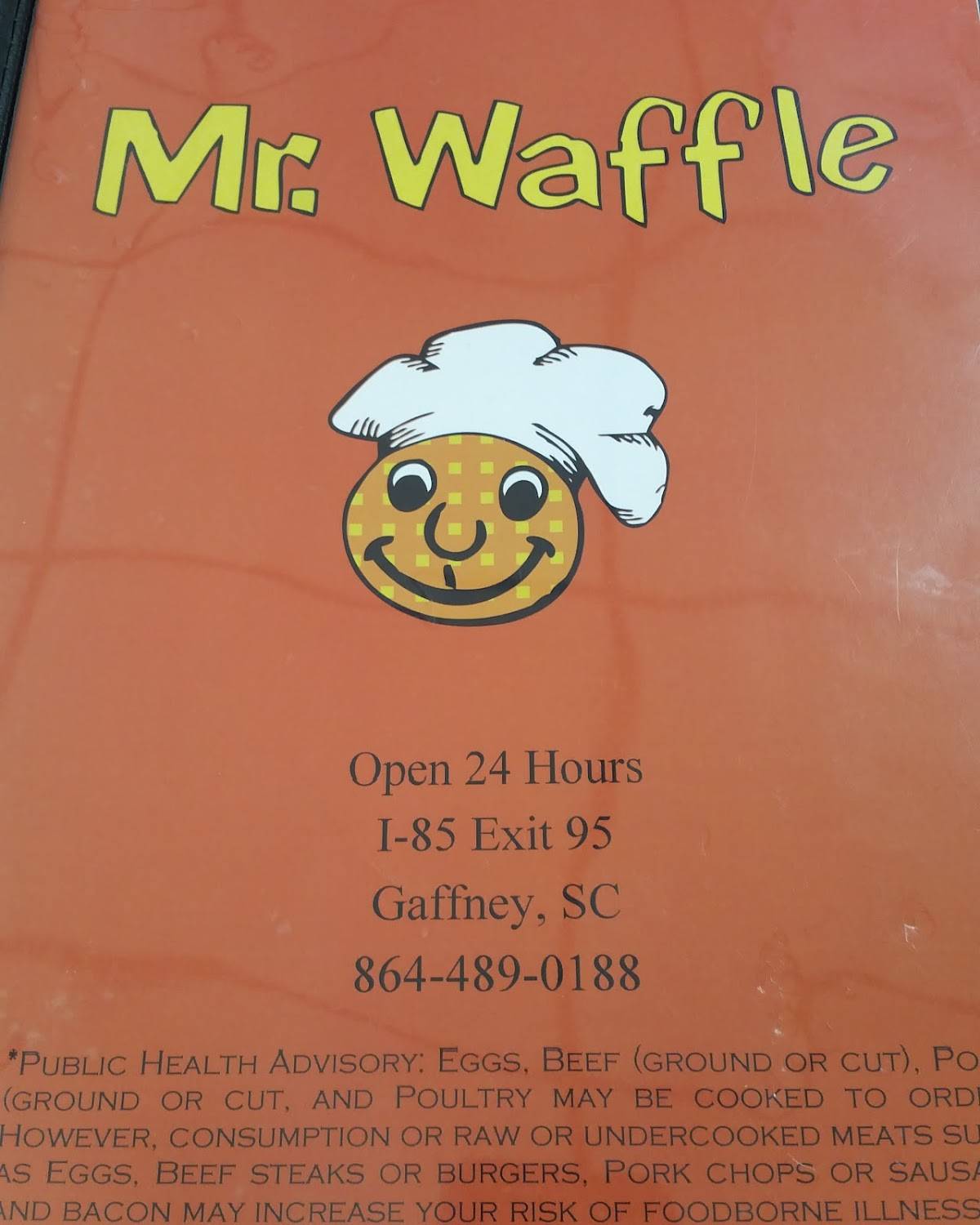 Menu at Mr. Waffle restaurant, Gaffney