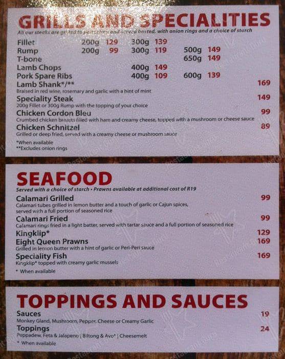 Menu at Galaxy Grill restaurant, Durban, Pavilion
