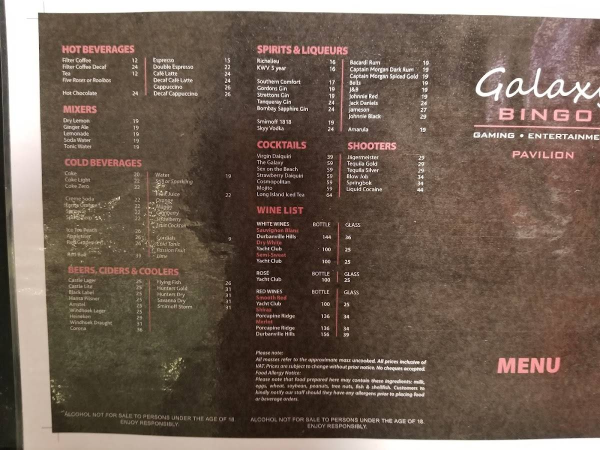 Menu at Galaxy Grill restaurant, Durban, Pavilion