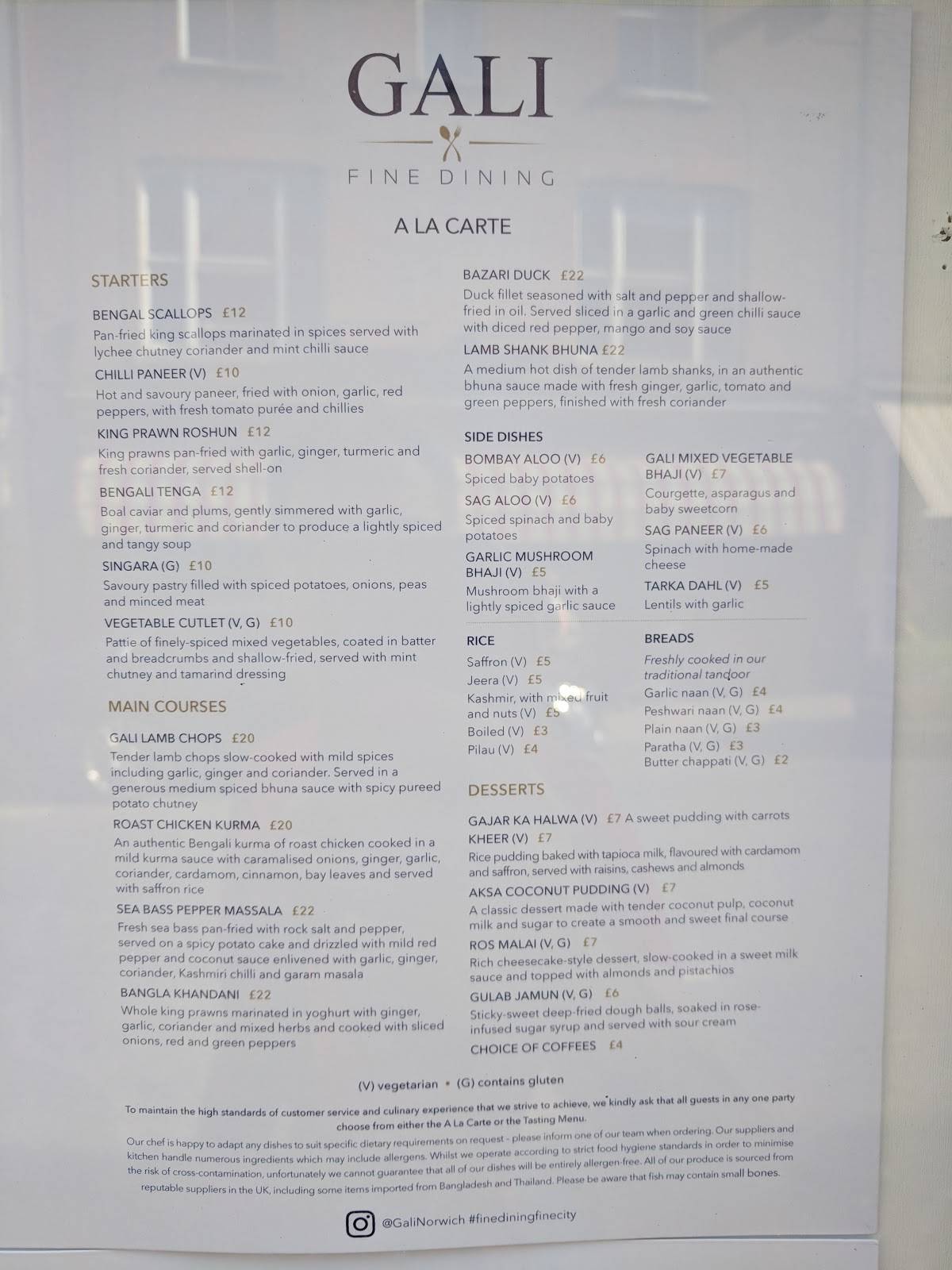 Carta del restaurante Gali indian dining, Norwich