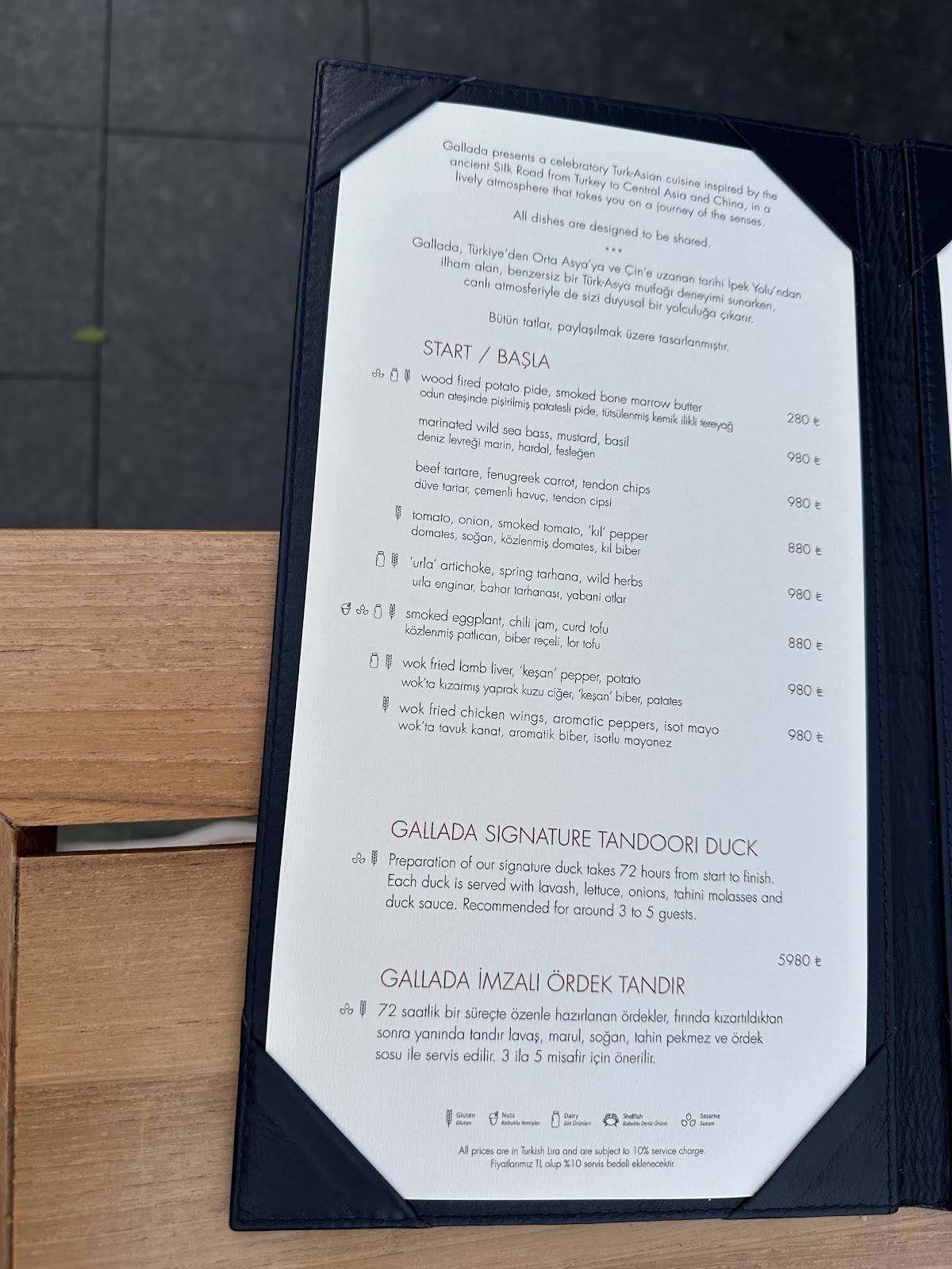 Menu at Gallada, Istanbul
