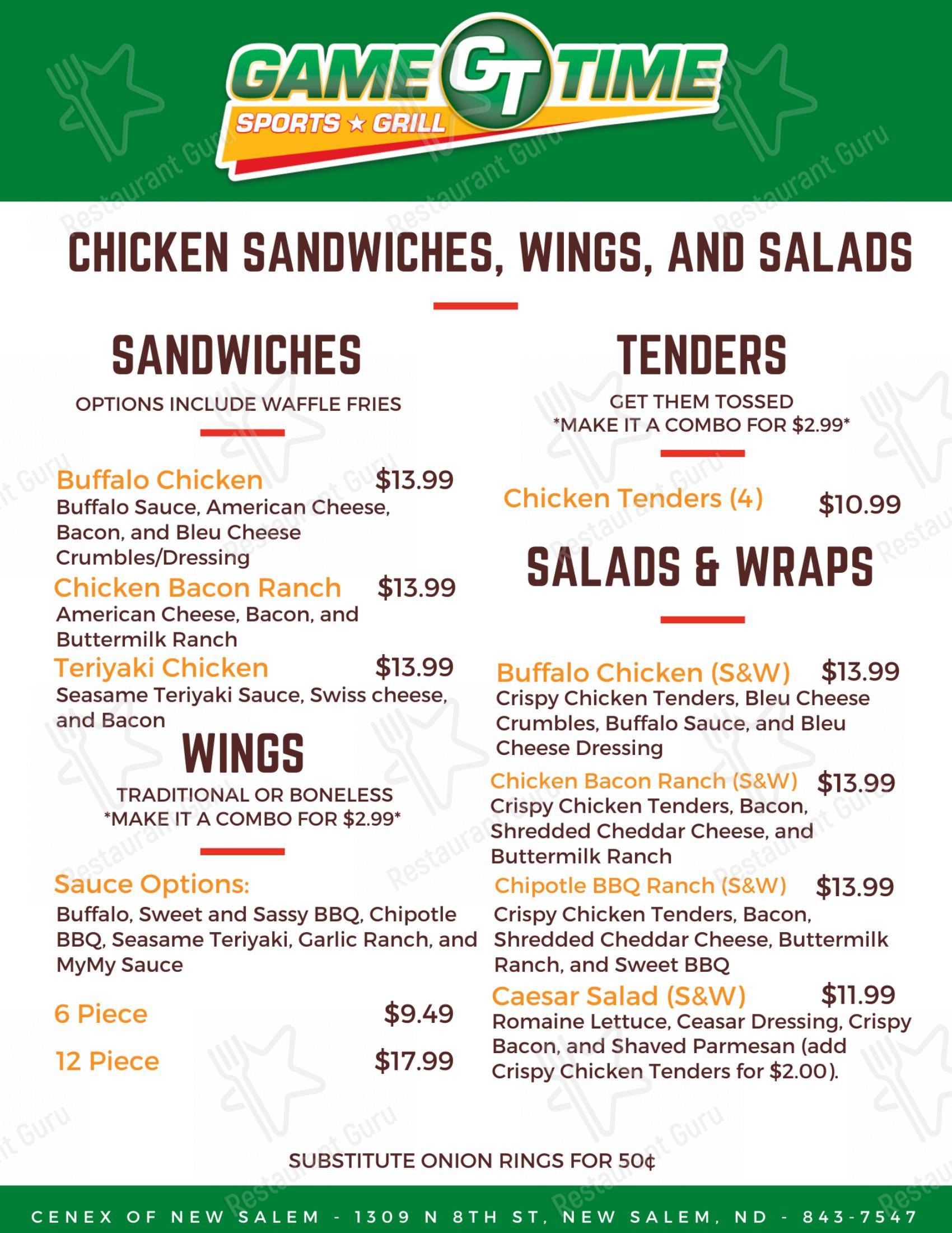 Menu at GameTime pub & bar, New Salem