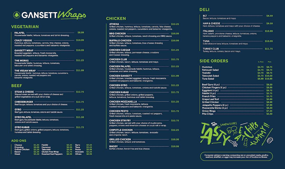 Menu at Gansett Wraps restaurant, Narragansett