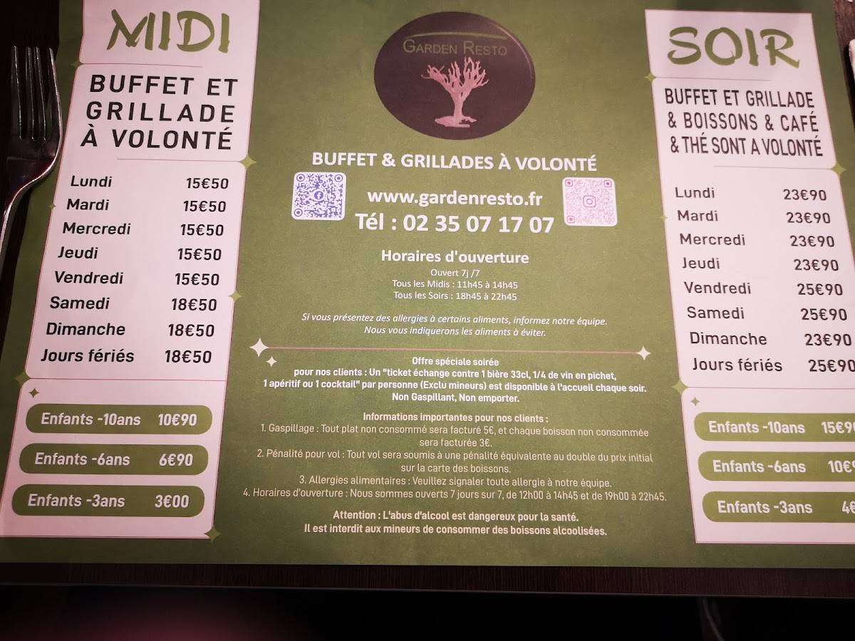 Menu au GARDEN RESTO restaurant, Rouen