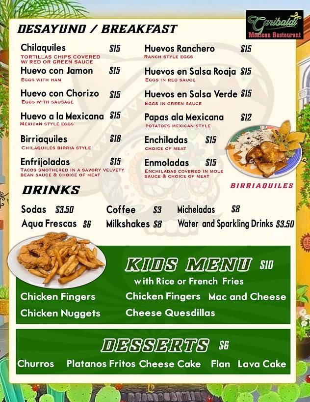 Menu at Garibaldi Mexican restaurant, Beachwood