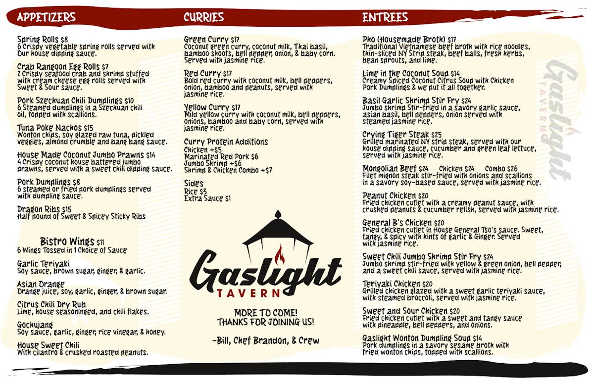 Menu at Gaslight Tavern restaurant, Lake Tomahawk