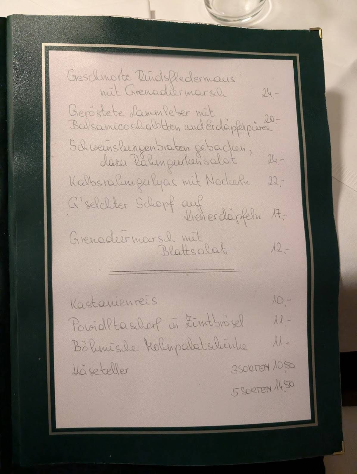 Menu at Gasthaus Grünauer restaurant, Vienna