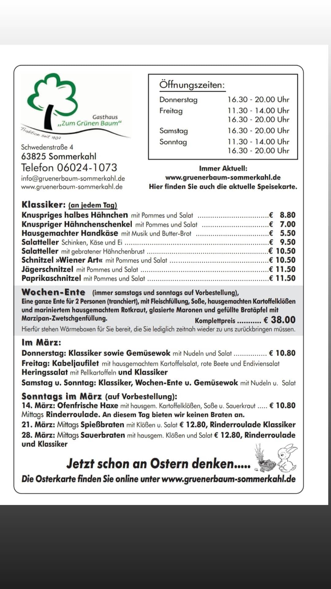 Speisekarte von Zum grünen Baum restaurant, Sommerkahl