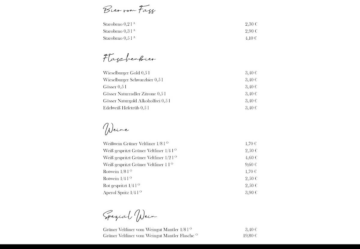 Menu at Gasthaus Zur Edith restaurant, Vienna