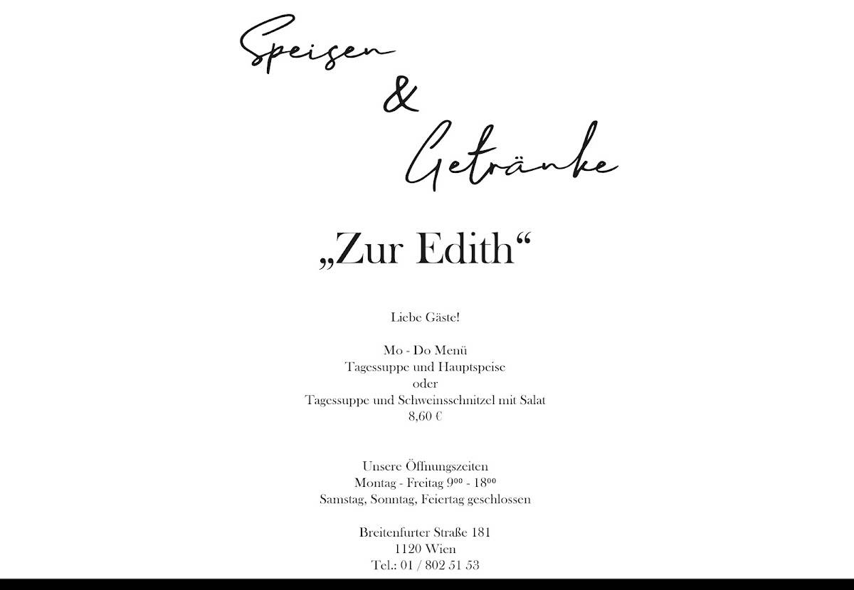 Menu at Gasthaus Zur Edith restaurant, Vienna