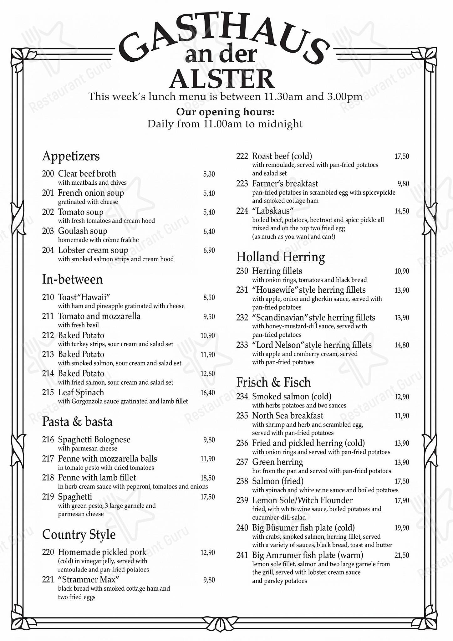 Speisekarte von Gasthaus an der Alster restaurant, Hamburg
