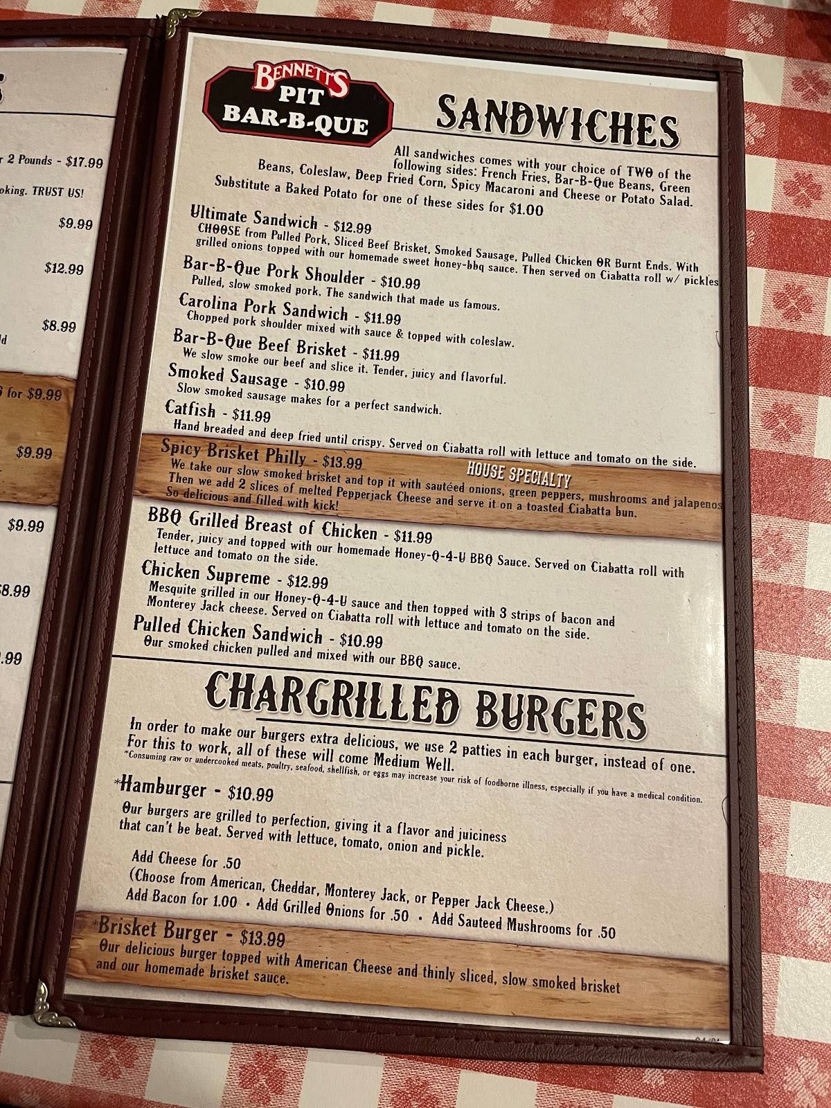 Menu at Bennett's Pit Bar-B-Que, Gatlinburg
