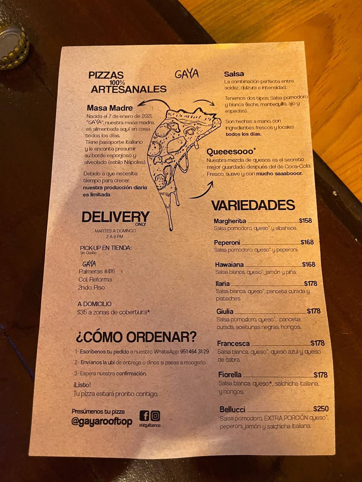 Menu at Gaya Rooftop restaurant, Oaxaca