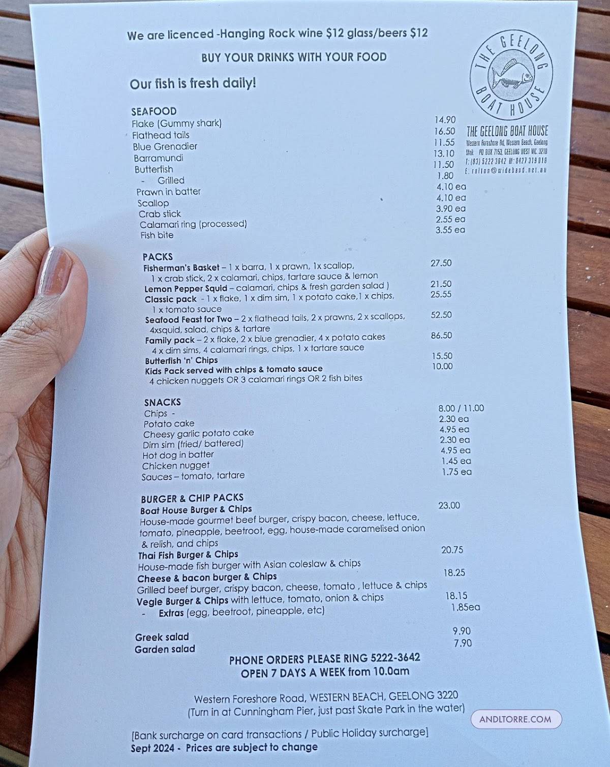 Menu at The Geelong Boat House restaurant, Geelong
