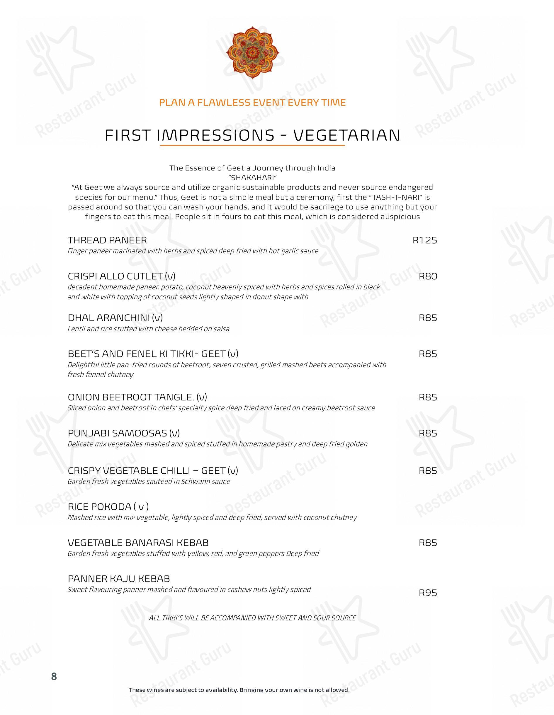 Menu at Geet Indian Restaurant, Pretoria