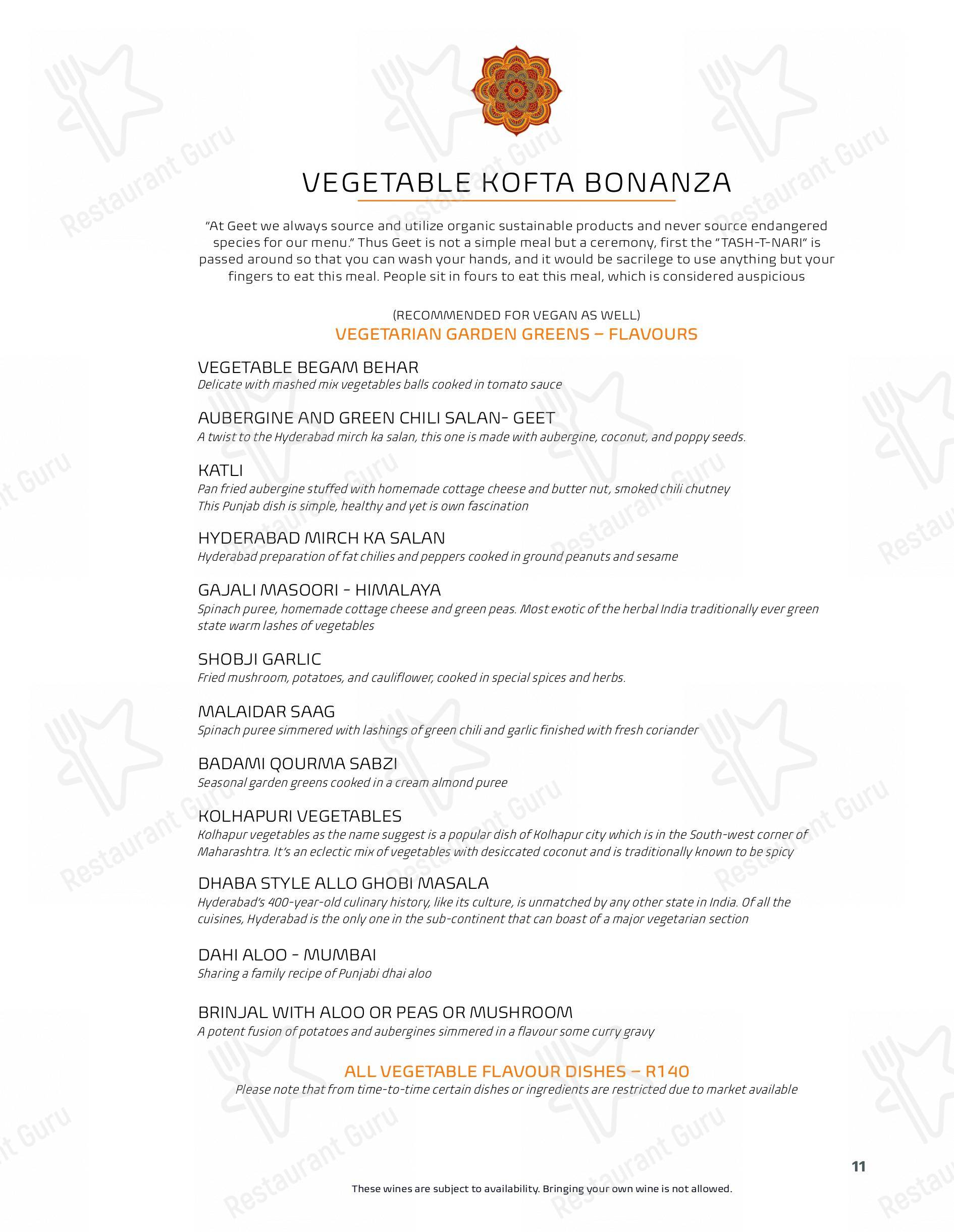 Menu at Geet Indian Restaurant, Pretoria