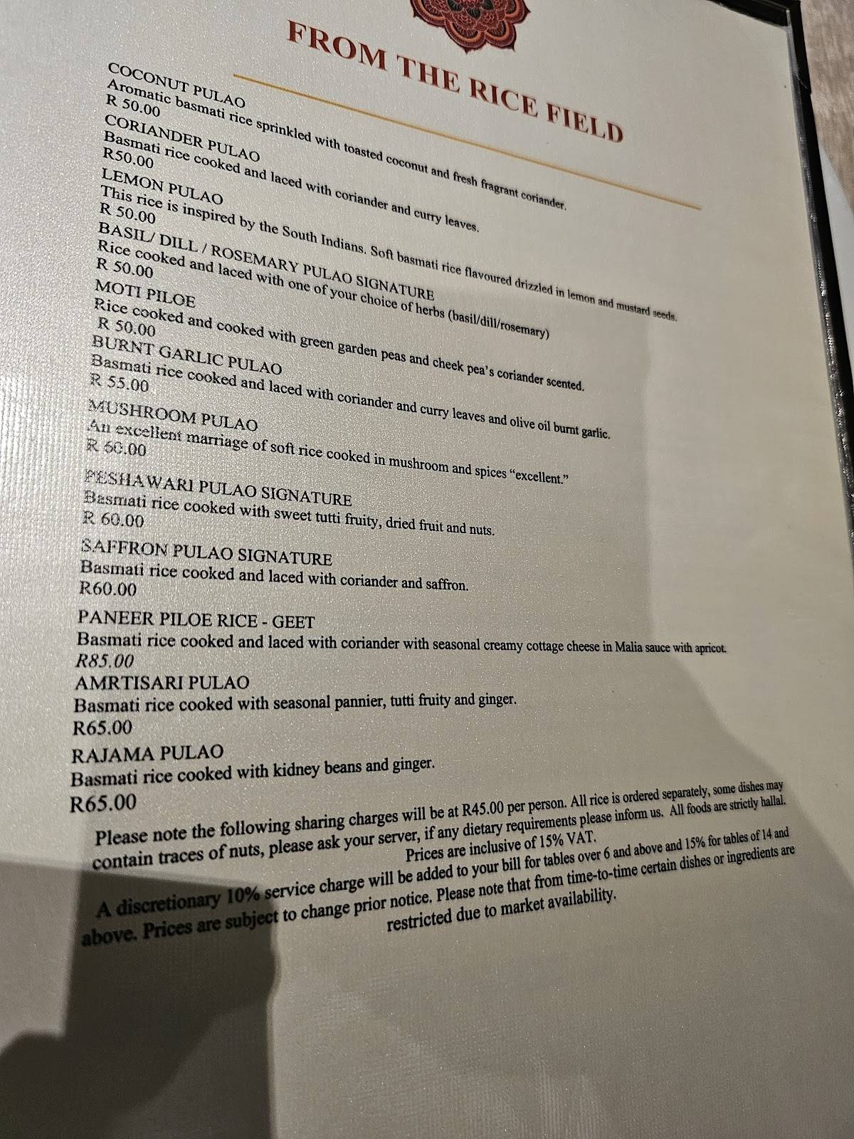 Menu at Geet Indian Restaurant, Pretoria