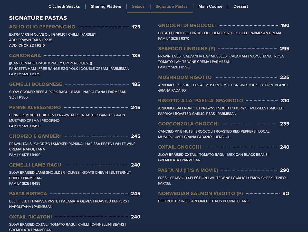 Menu at Gemelli restaurant, Sandton