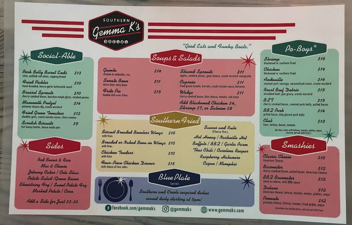 Menu at Gemma K's - Southern Social pub & bar, Okauchee Lake