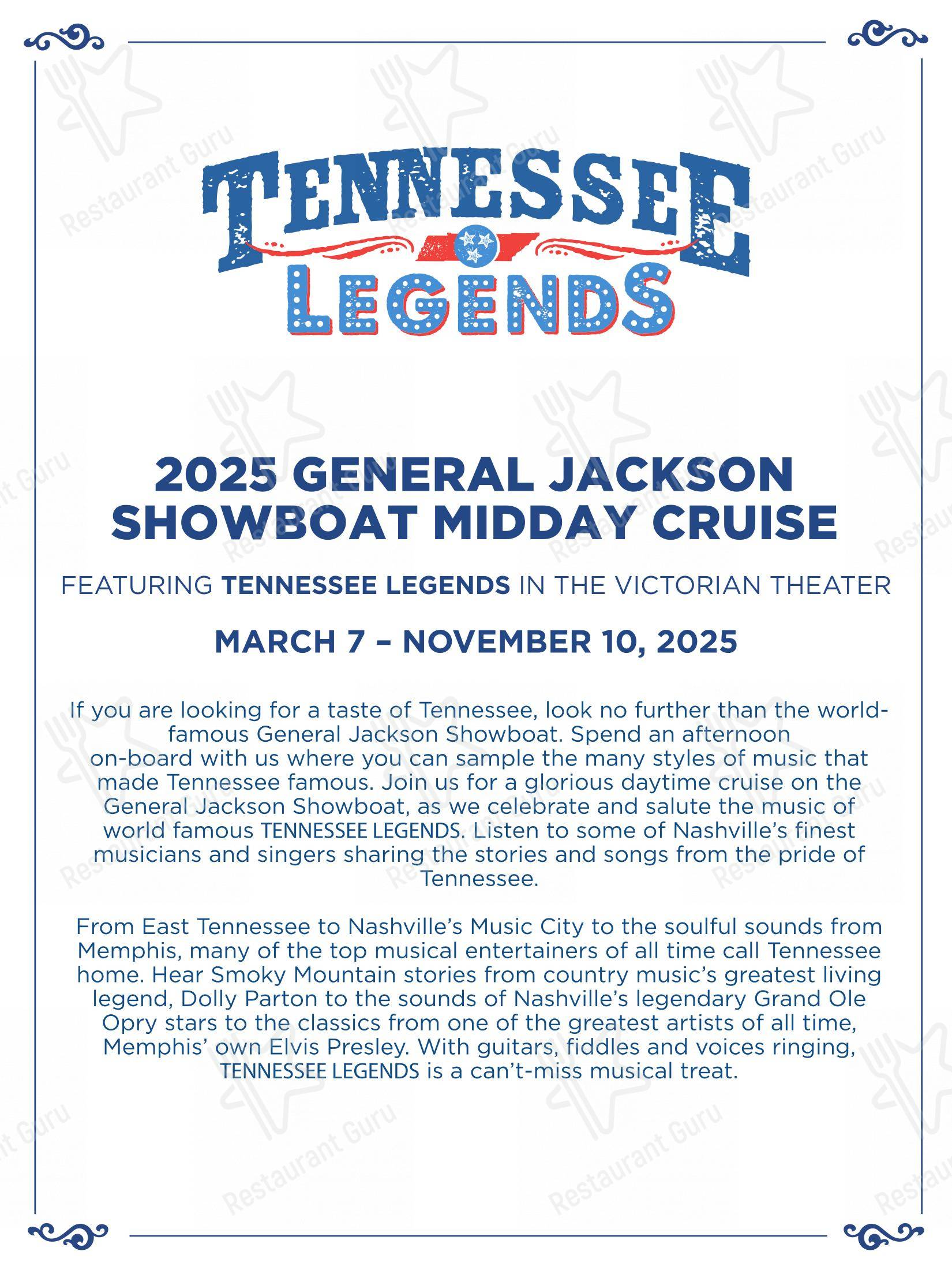 Carta del restaurante General Jackson Showboat, Nashville