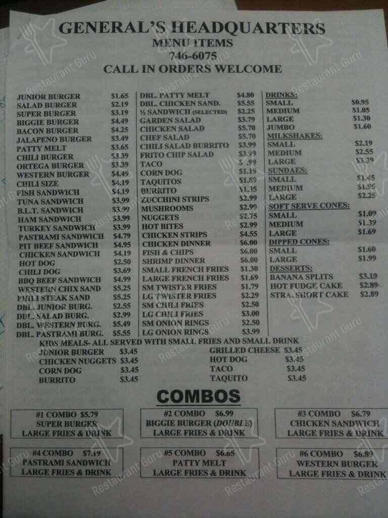 Menu at Generals Headquarters restaurant, Shafter