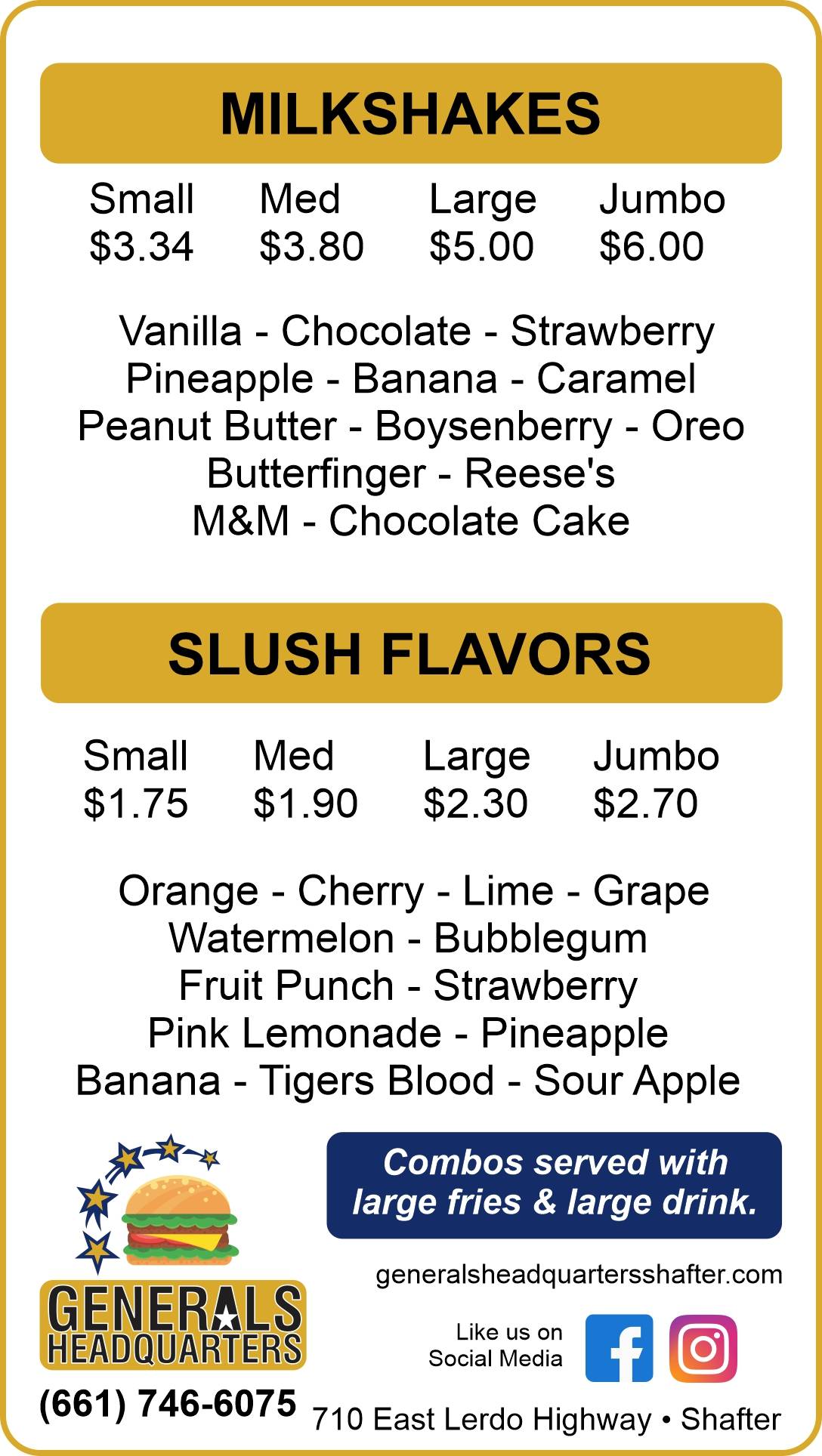 Menu at Generals Headquarters restaurant, Shafter