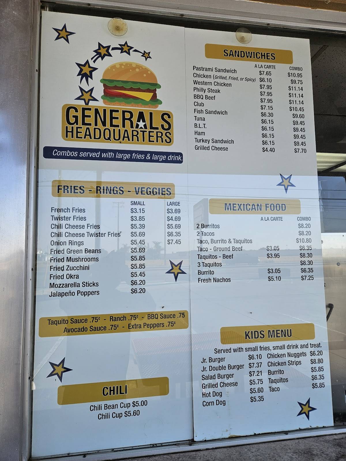 Menu at Generals Headquarters restaurant, Shafter