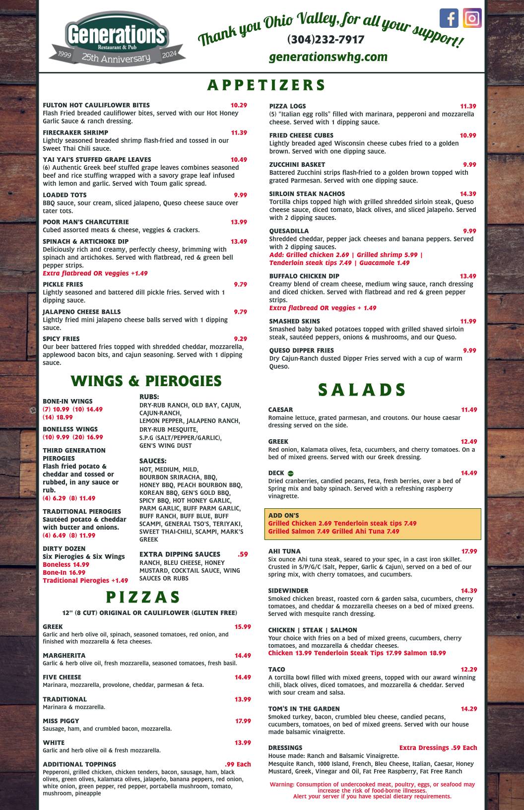 Menu at Generations Restaurant & Pub, Wheeling