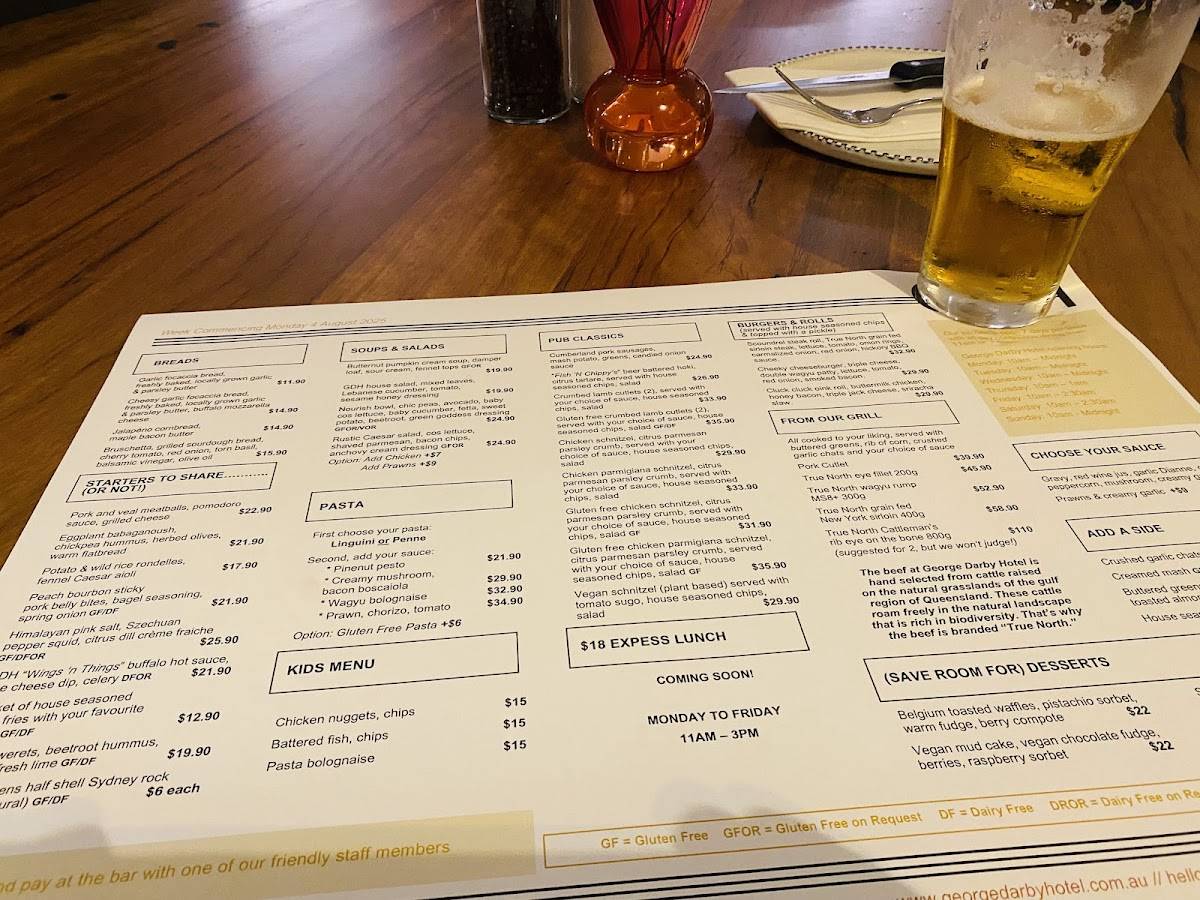 Menu at George Darby Hotel restaurant, Newcastle