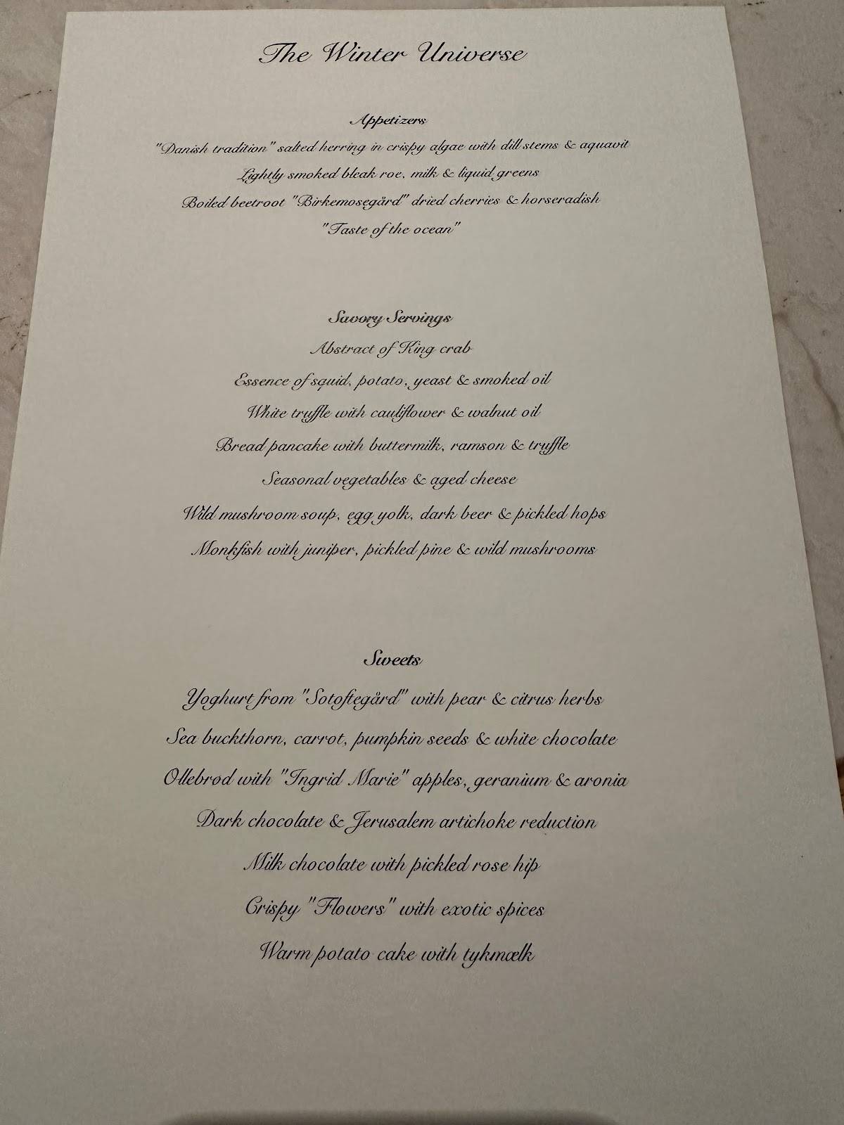 Menu at Geranium restaurant, Copenhagen
