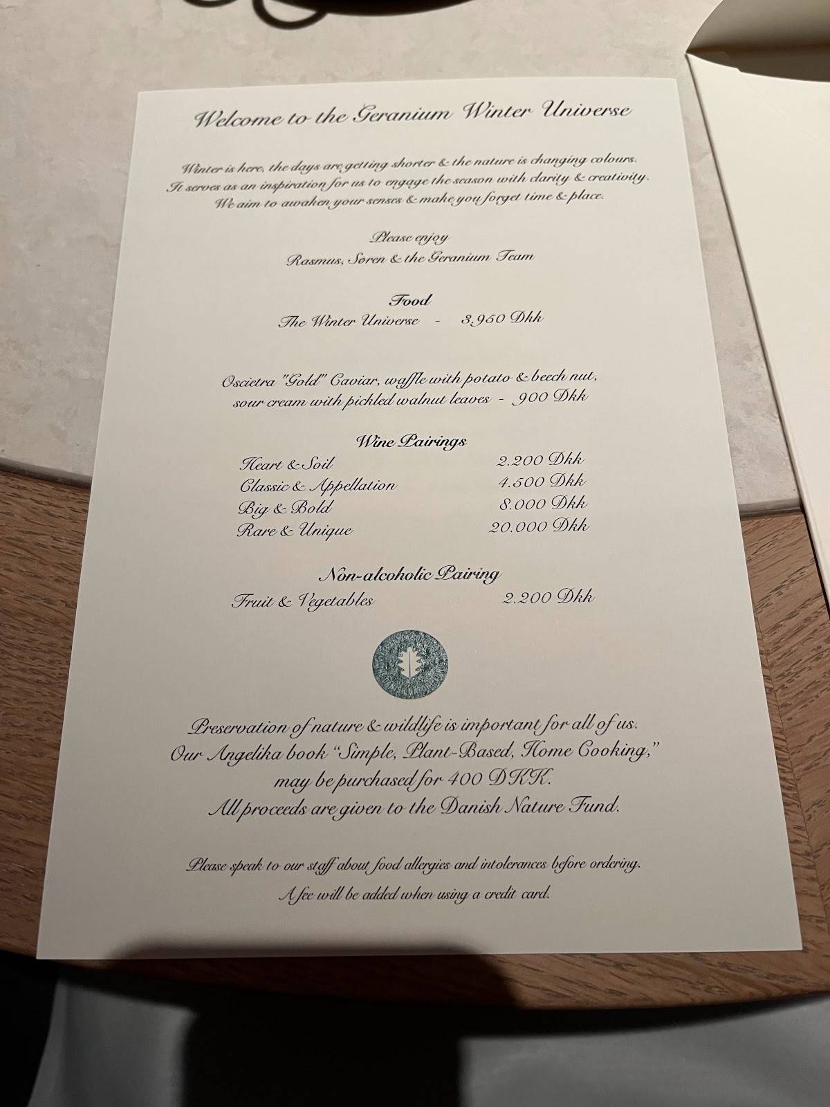 Menu at Geranium restaurant, Copenhagen
