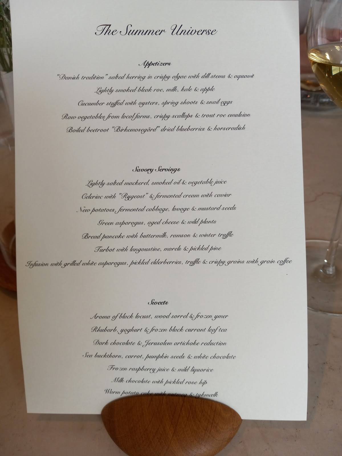 Menu at Geranium restaurant, Copenhagen