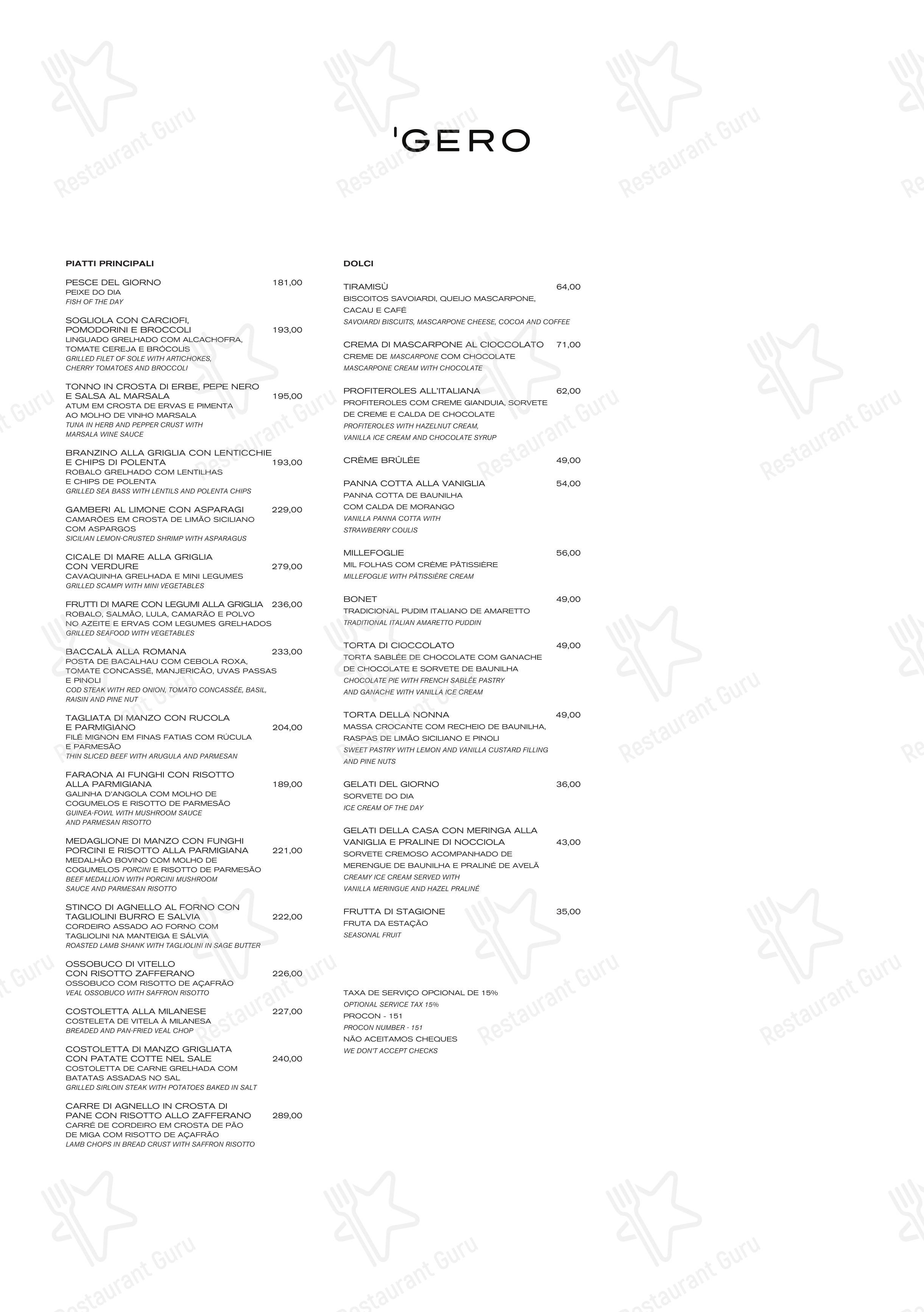 Menu em Gero restaurante, São Paulo, Rua Haddock Lobo
