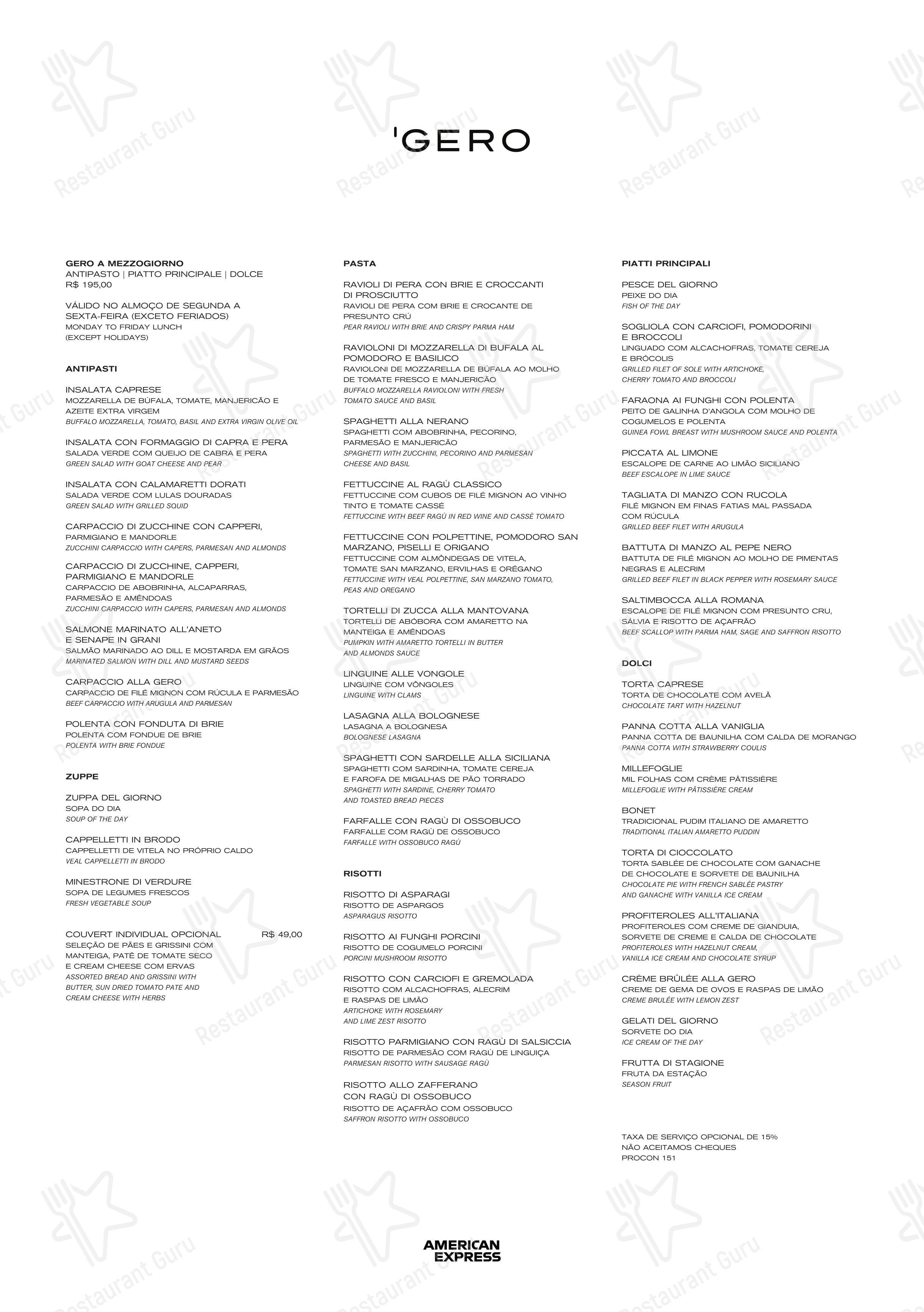 Menu em Gero restaurante, São Paulo, Rua Haddock Lobo