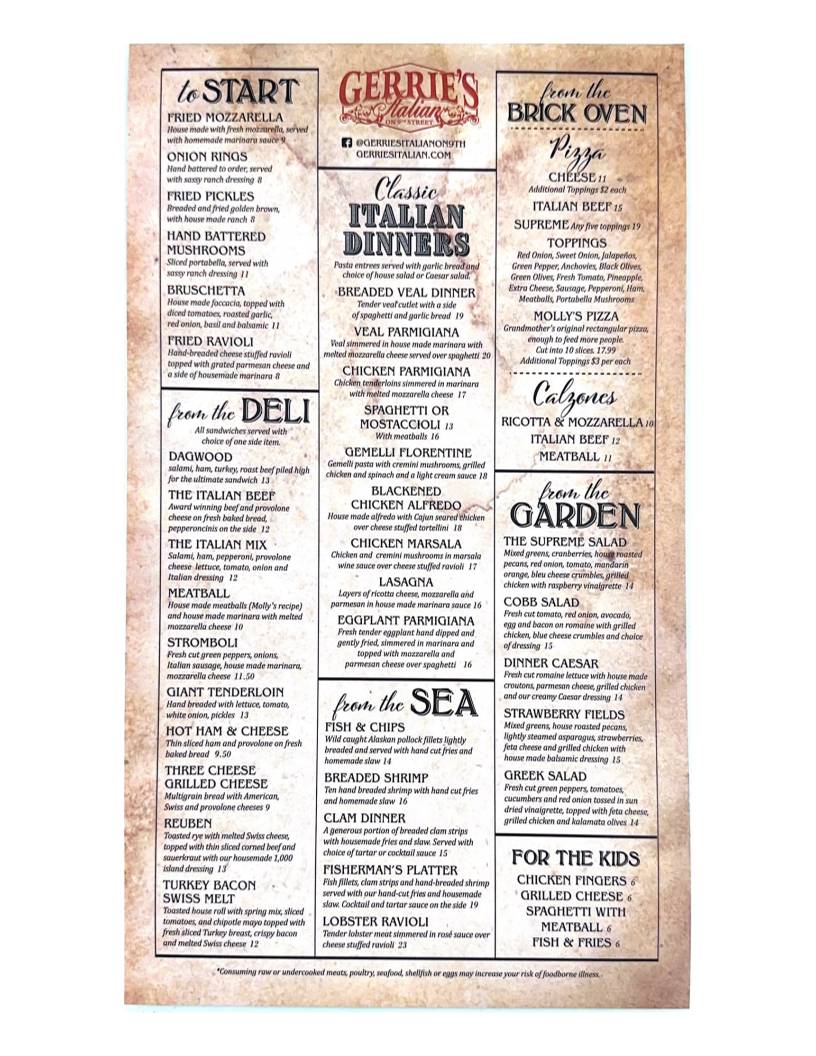 Menu at Gerrie's Italian on 9th Street restaurant, Clinton