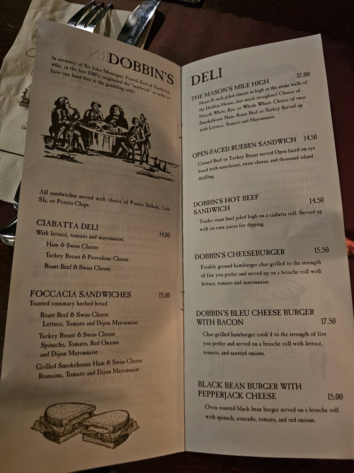 Menu at Dobbin House Tavern restaurant, Gettysburg, 89 Steinwehr Ave