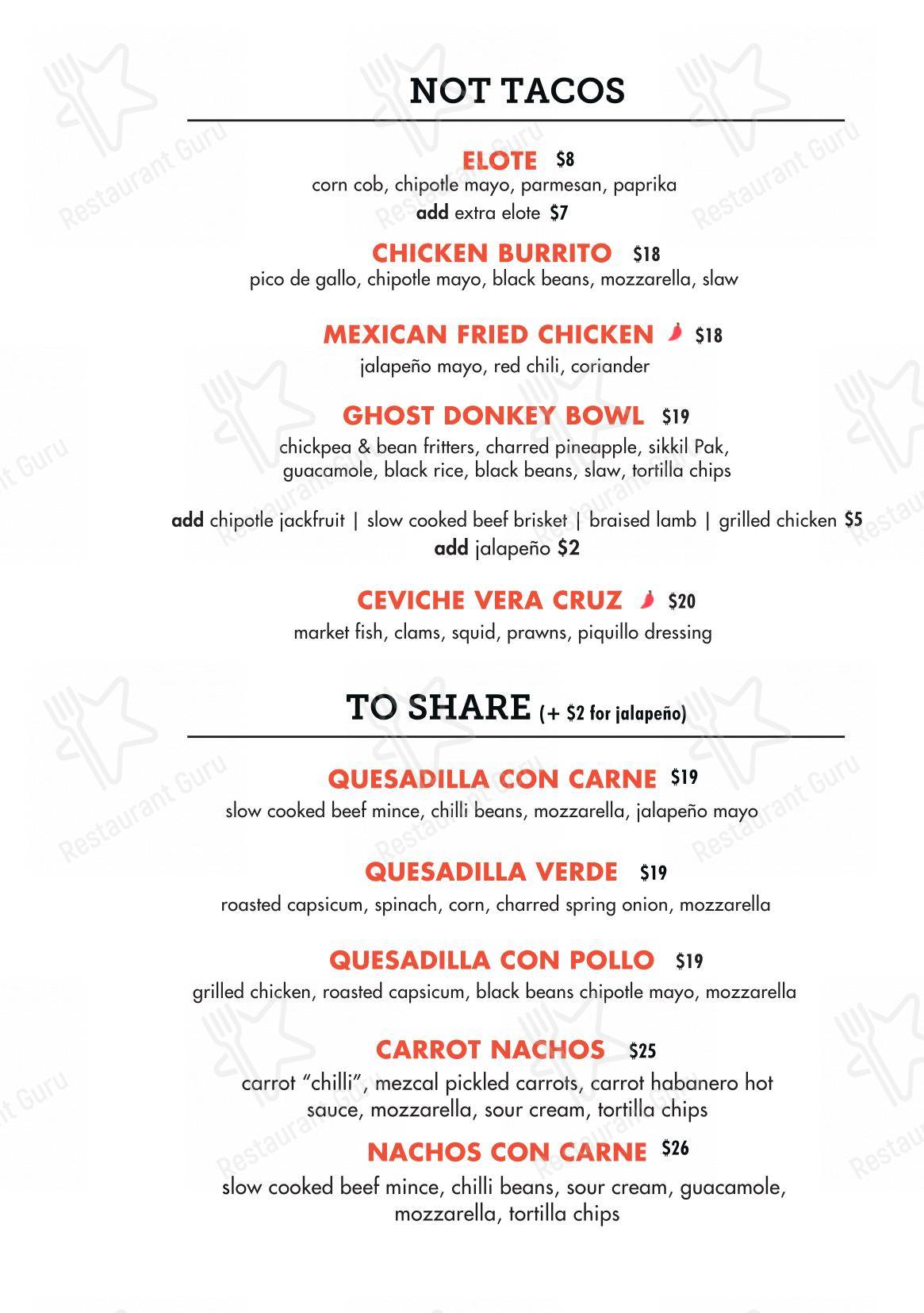 Menu at Ghost Donkey pub & bar, Auckland