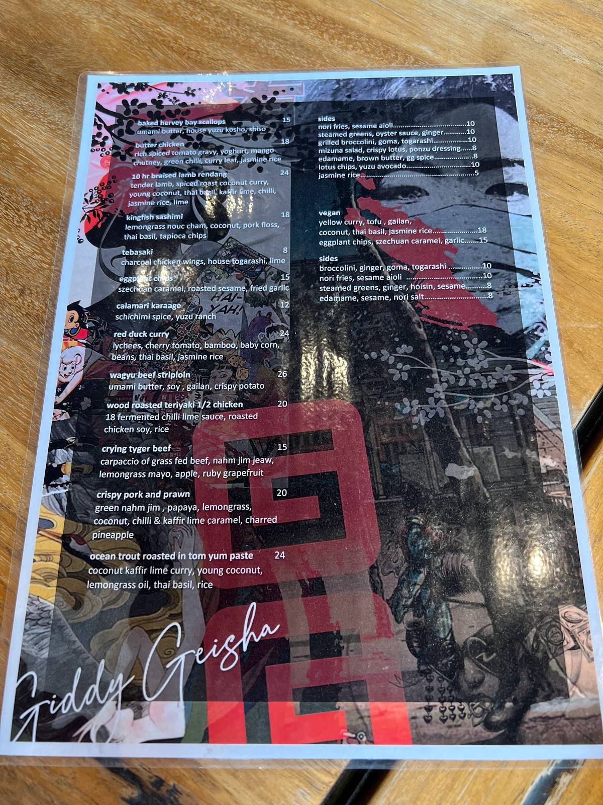 Menu at Giddy Geisha restaurant, Maroochydore