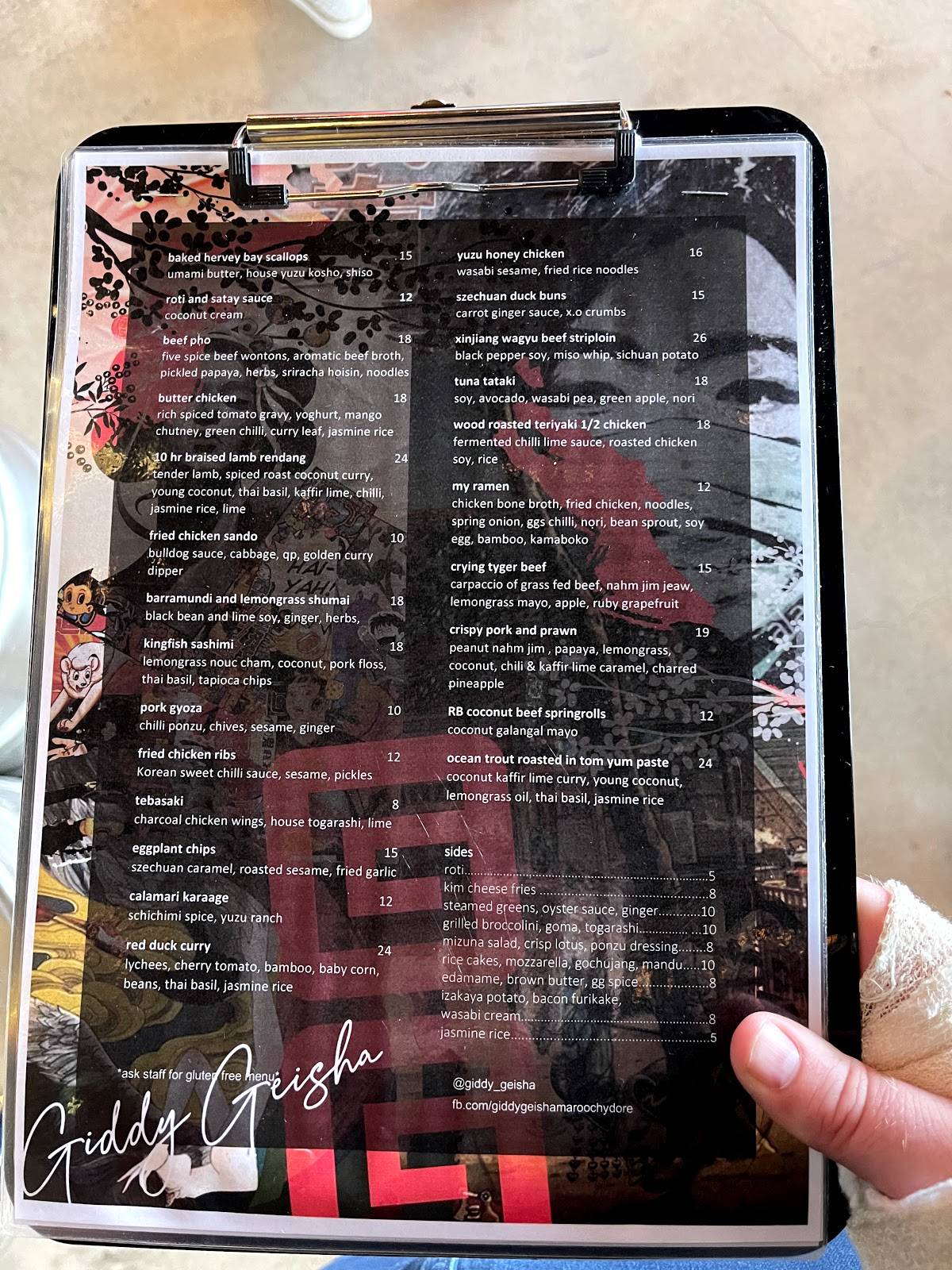 Menu at Giddy Geisha restaurant, Maroochydore