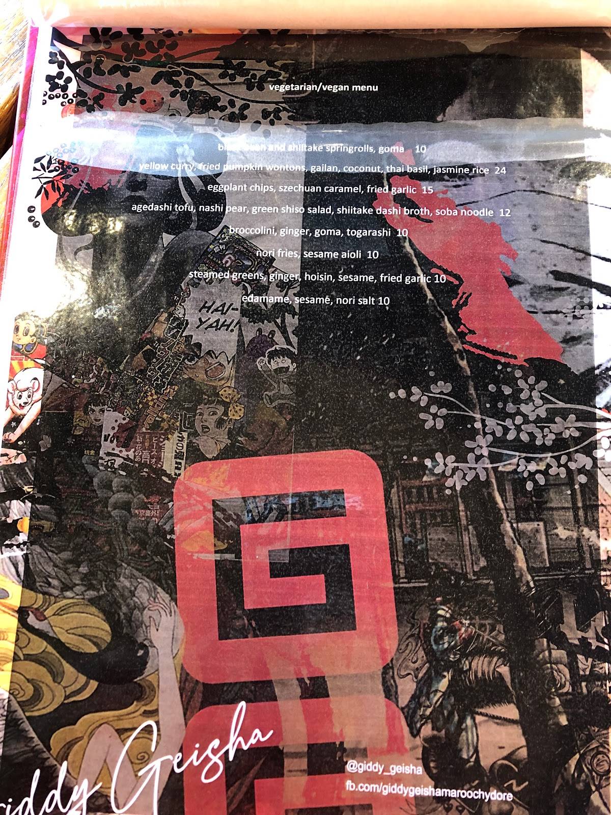 Menu at Giddy Geisha restaurant, Maroochydore