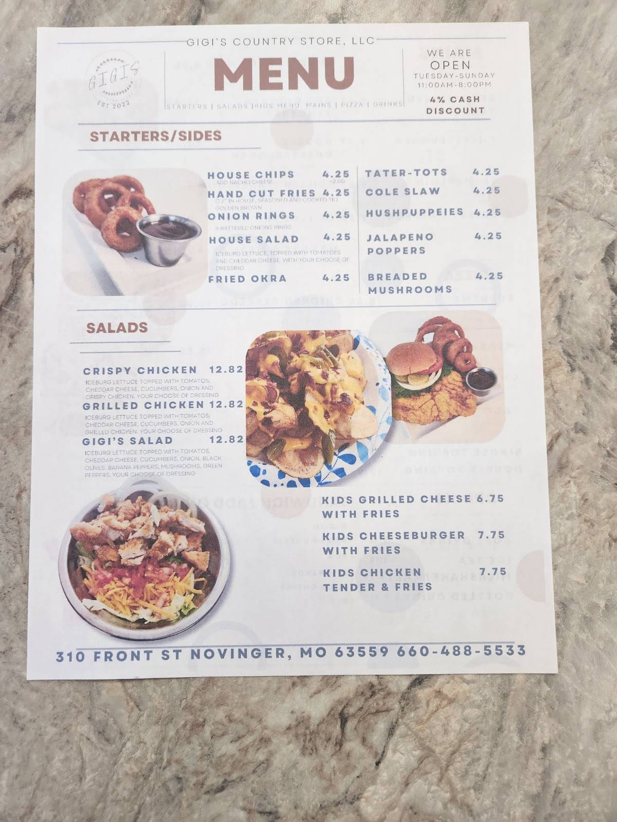 Menu at Gigi's Country Store restaurant, Novinger