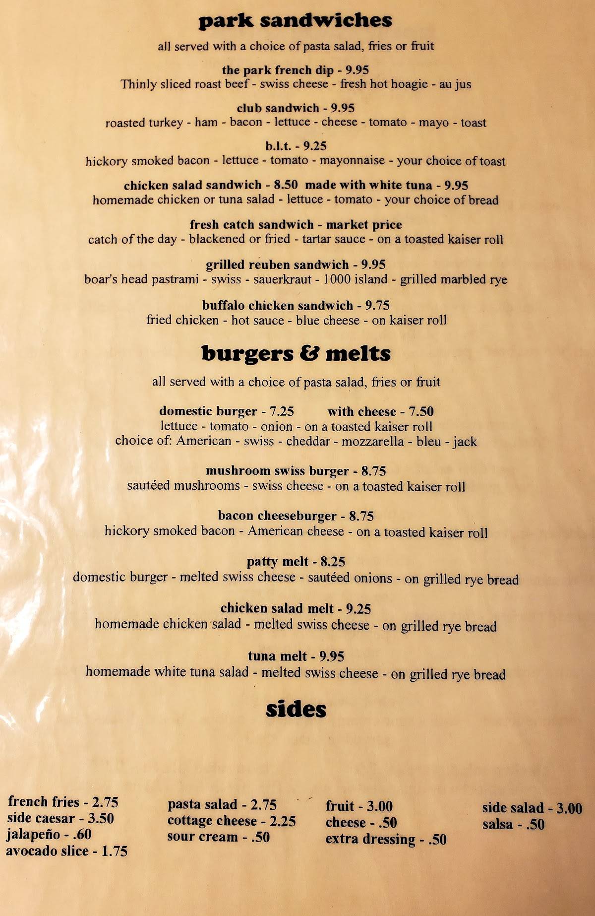 Menu at Gina's Cafe In the Park, Naples