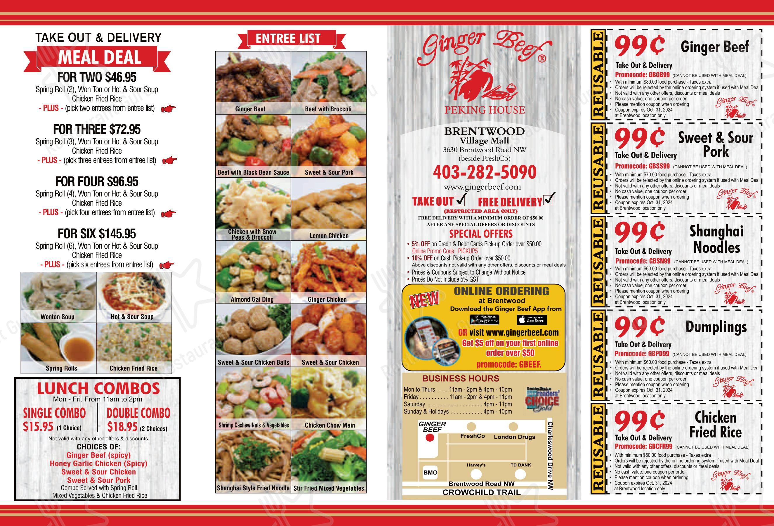 Menu at Ginger Beef restaurant, Calgary, Brentwood Rd NW #309–3630