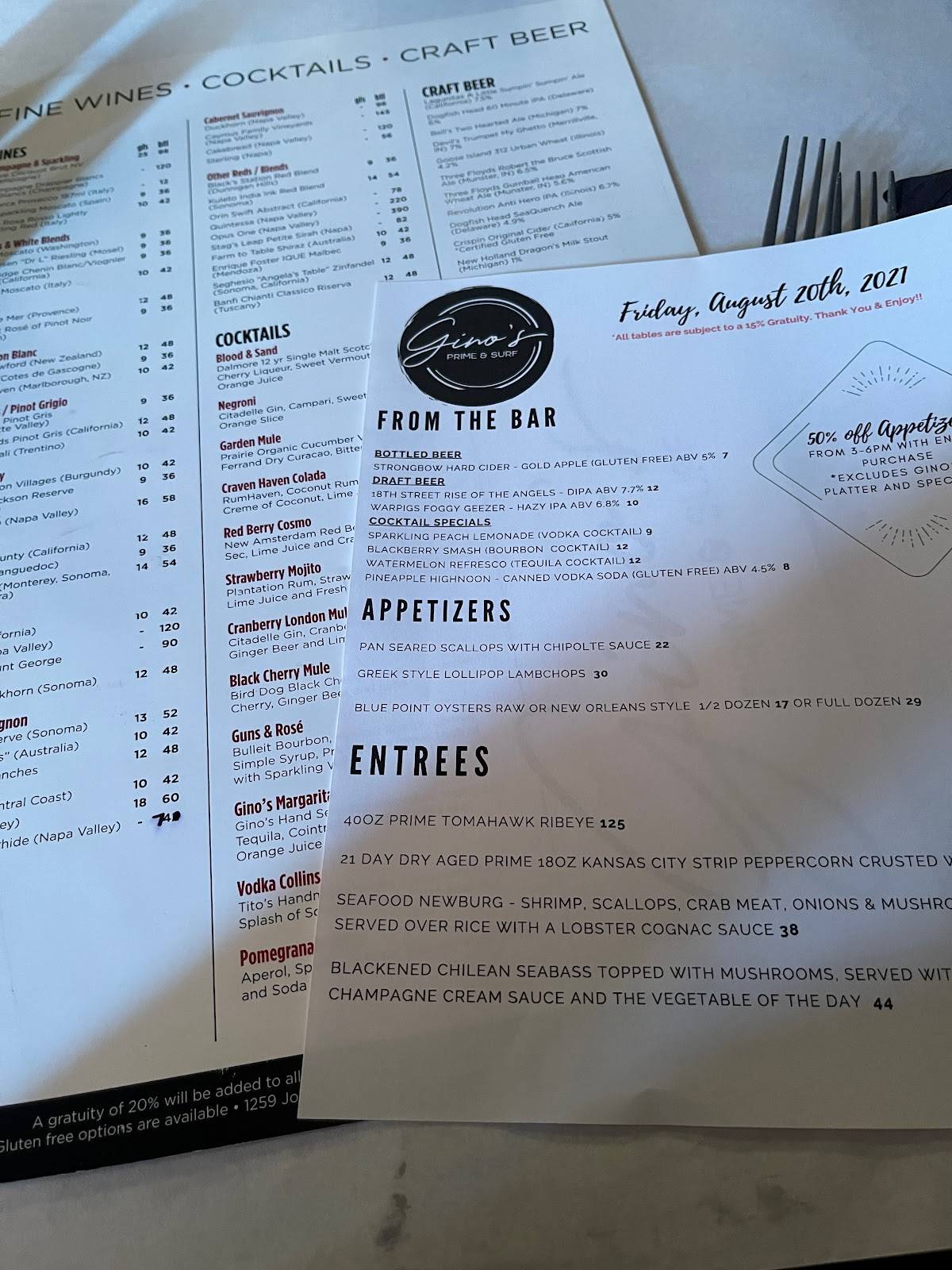 Menu at Gino's Prime & Surf steakhouse, Dyer