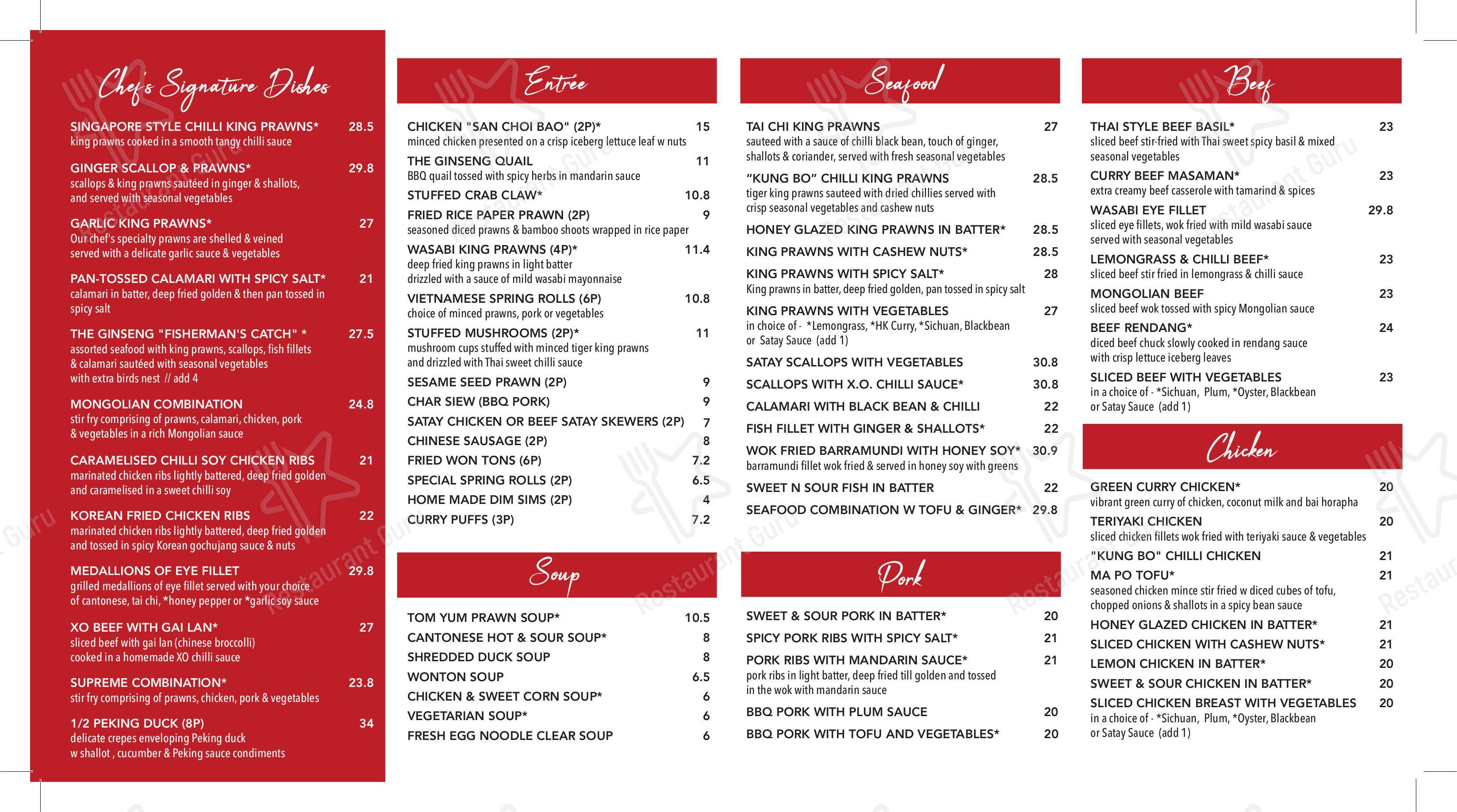 Carta del restaurante Ginseng, Frankston