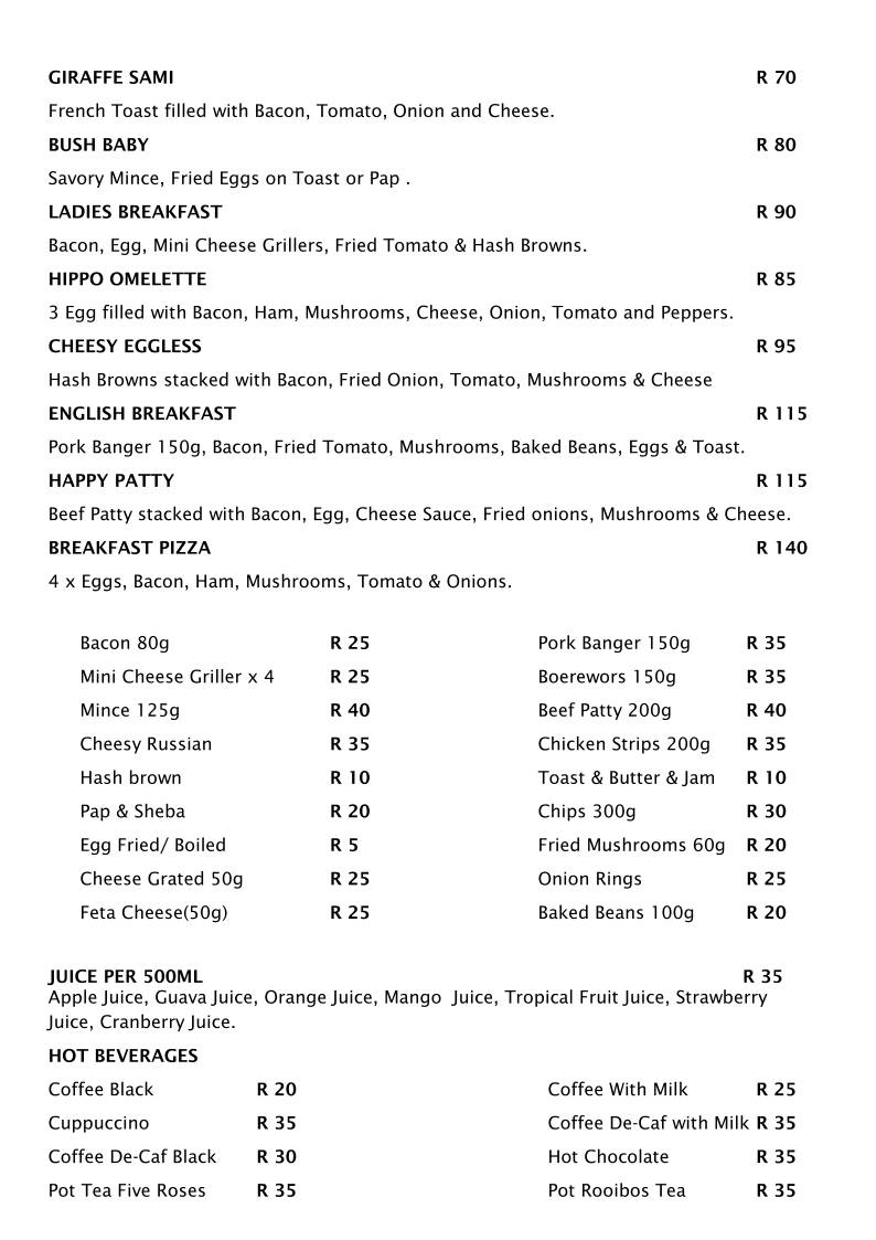 Menu at Giraffe Pub and Grill, Marloth Park