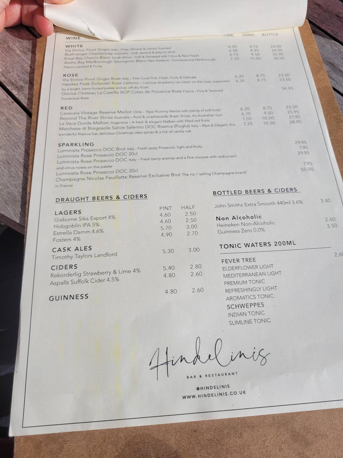 Menu at Hindelinis restaurant, Gisburn