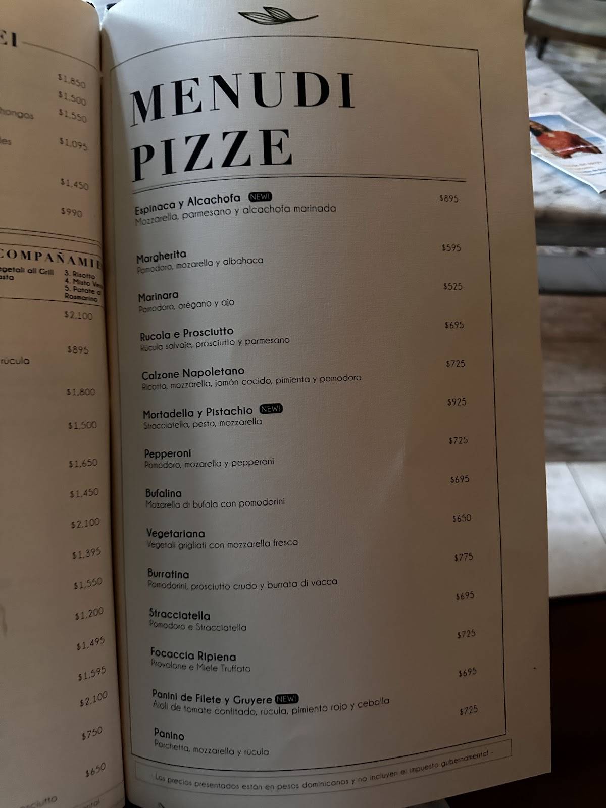 Menu at Giulia Cucina restaurant, Santo Domingo