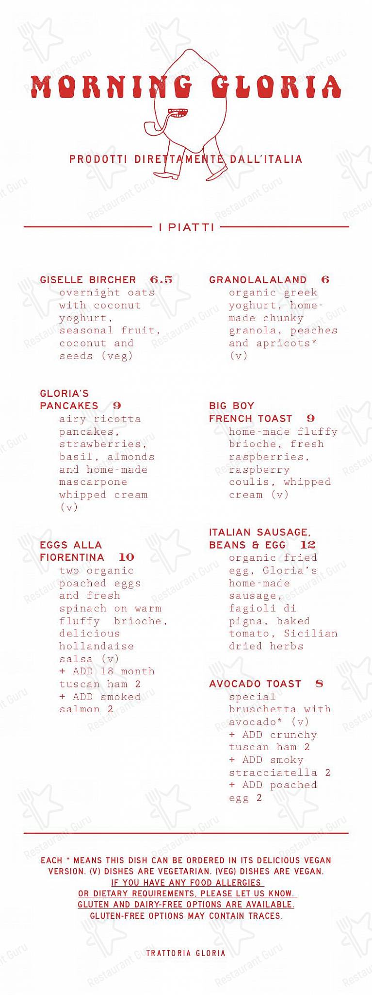Menu at Gloria restaurant, London, 54-56 Great Eastern St