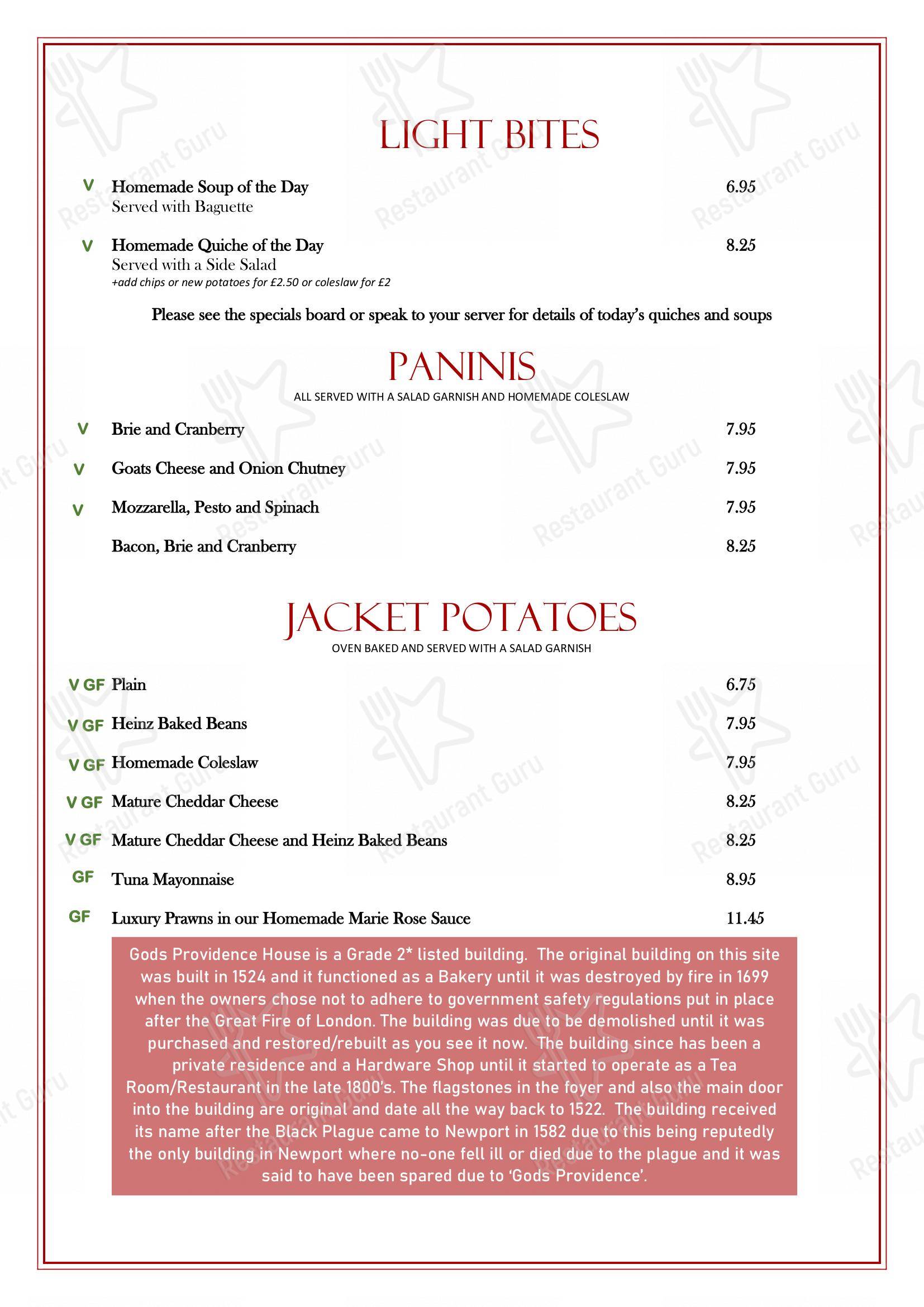 Menu at God's Providence House cafe, Newport